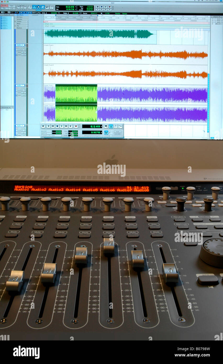 Professional audio mixer with sliders and sound waves for arranging ...