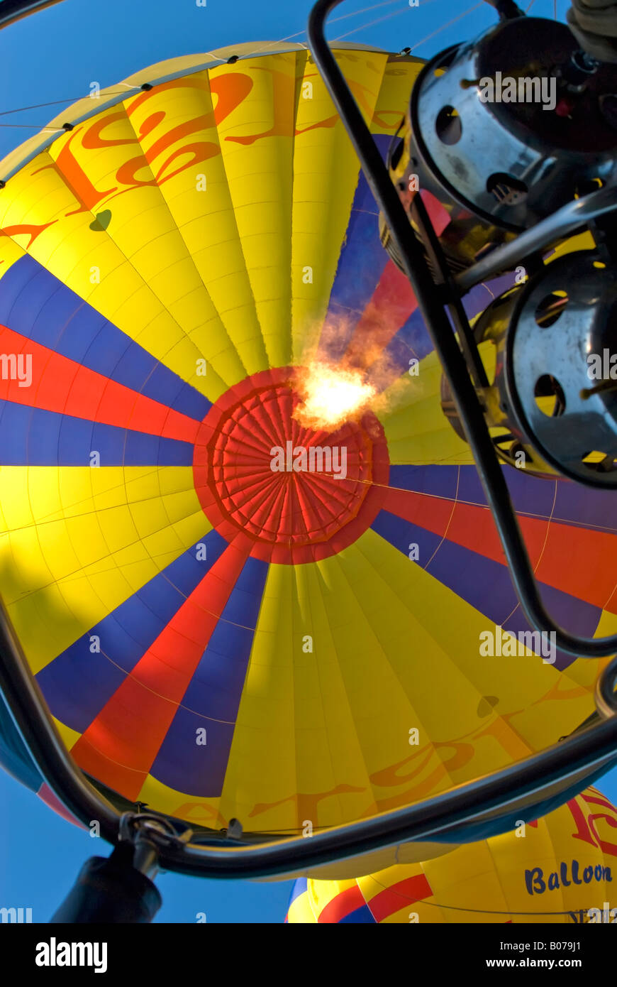 Hot air balloon in flight flame heating balloon close Stock Photo - Alamy