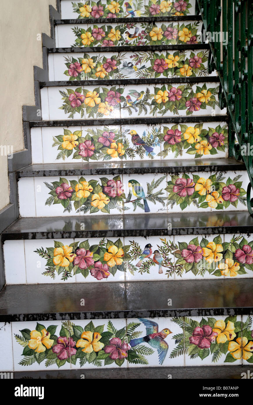 Stairway in the street decorated with ceramic tiles with flowers and ...