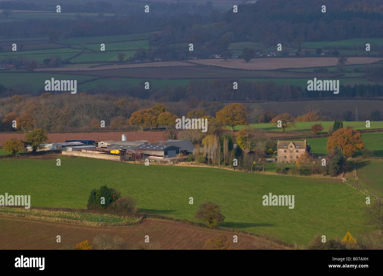 View over farmland from Cole's Tump a naturally formed mound on hill in ...