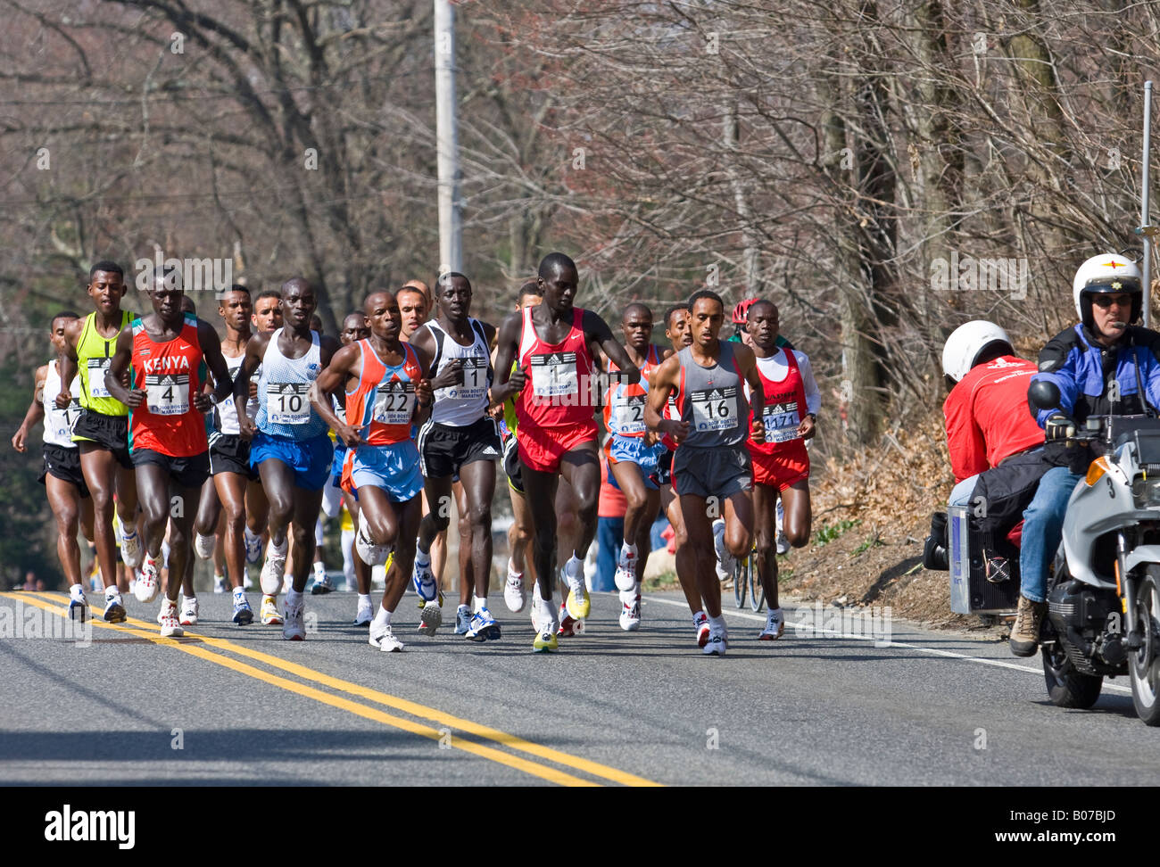Elite male marathon runners at Boston Marathon 2008 4th km Stock Photo ...