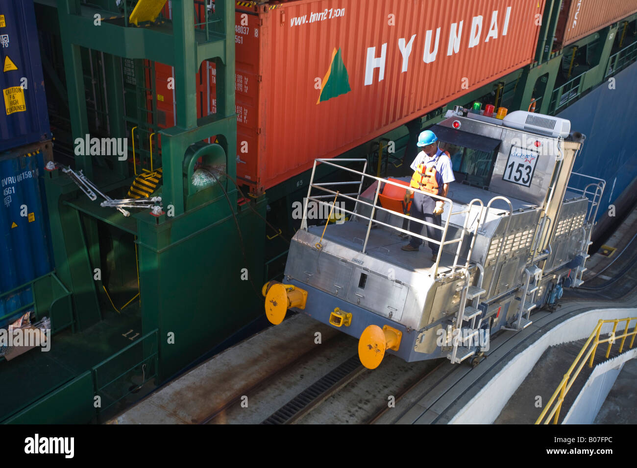 Panama, Panama Canal, Mechanical mule or electric locamotive guiding ...