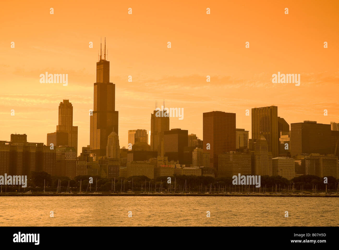 Illinois, Chicago, Lake Michigan and Skyline including Sears Tower ...