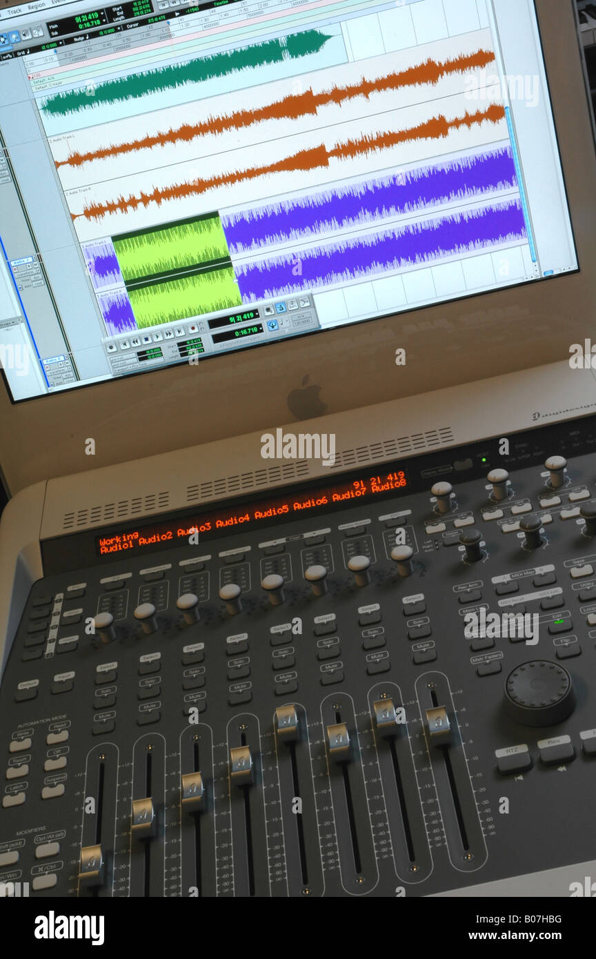 Professional audio mixer with sliders and sound waves for arranging ...