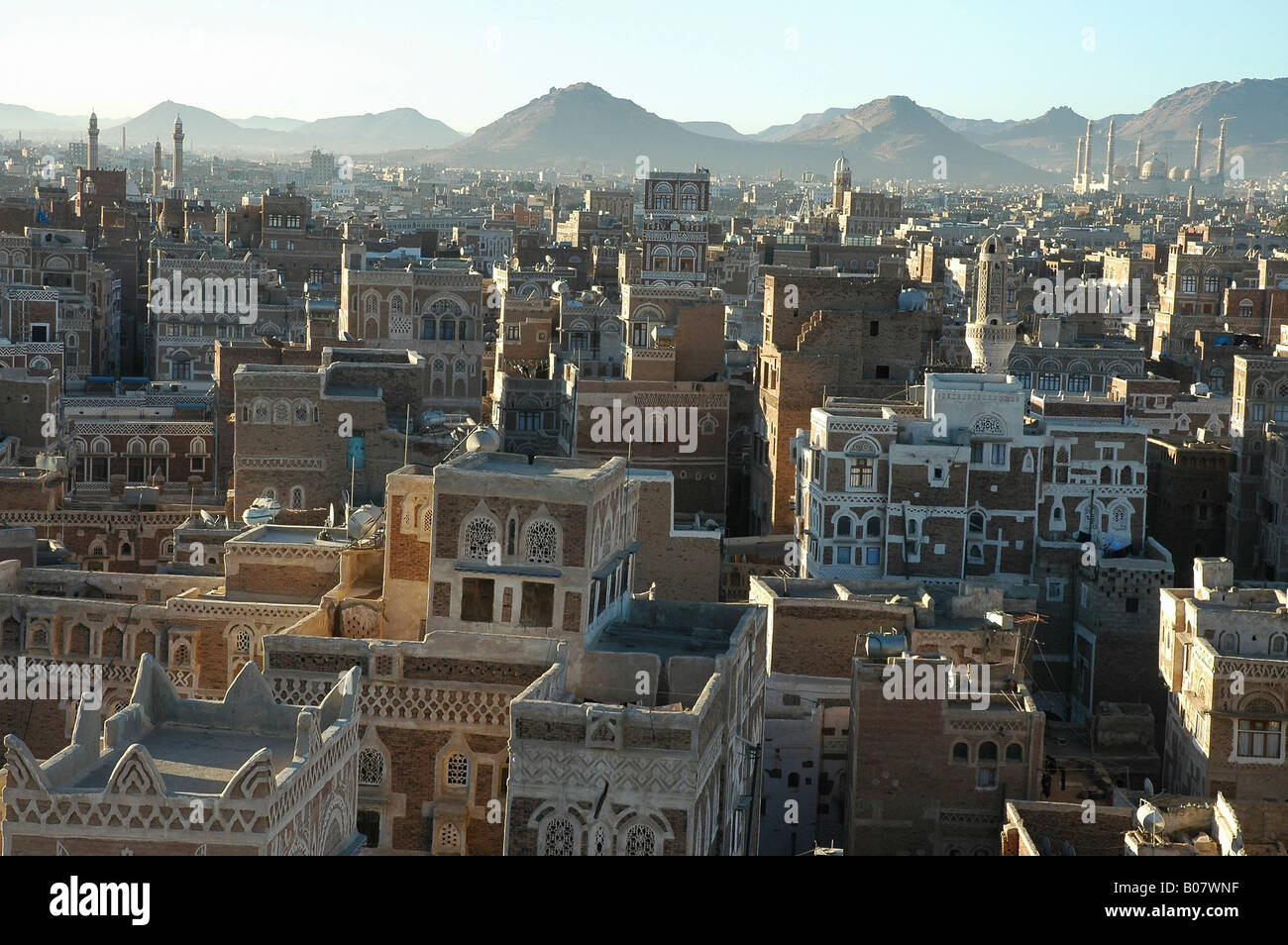 The Old Town of Yemen's capital city Sana'a, early morning light on ...
