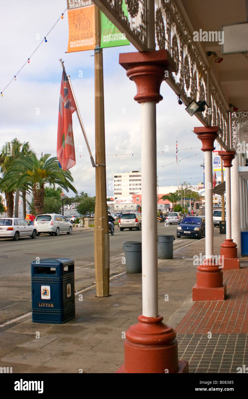 Row of white painted columns outside the shops on Front Street Hamilton ...