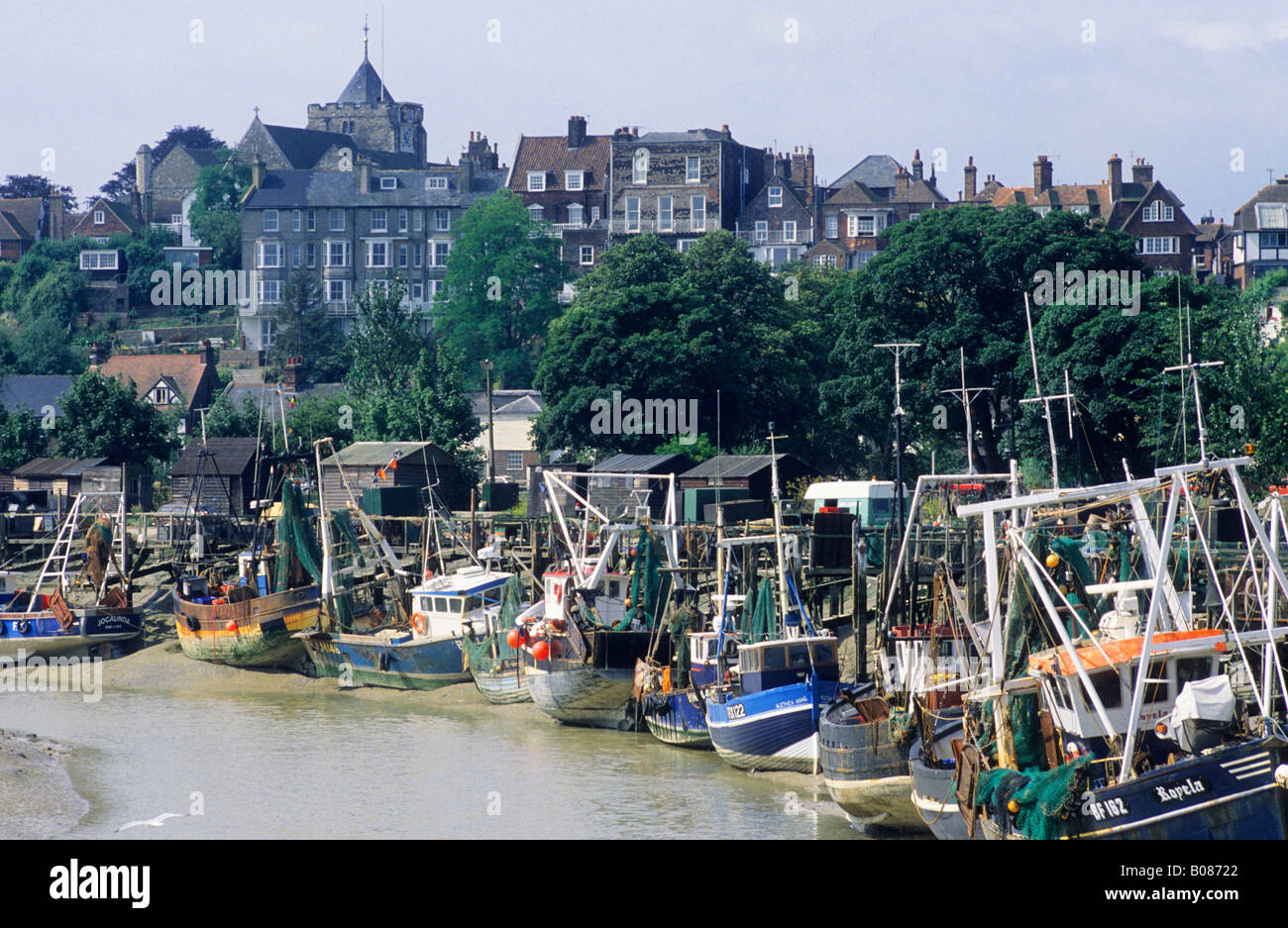 Rye Harbour fishing boats hill town Sussex England UK River Rother ...