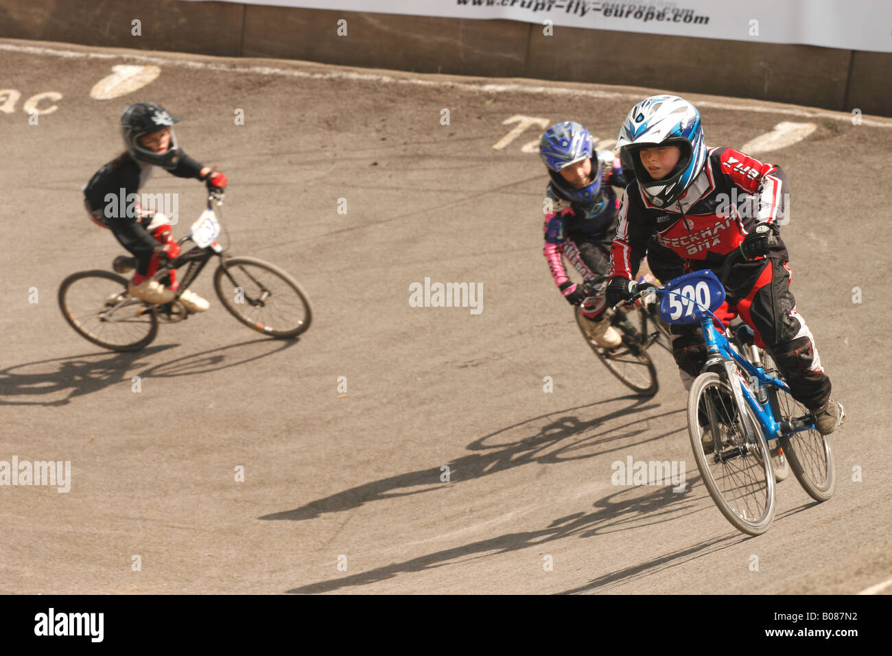 Young boy child BMX bike rider in national level sport competition on ...