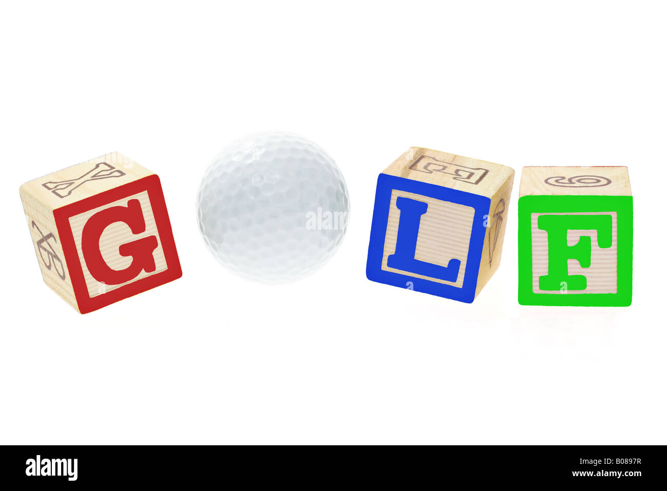Golf ball and alphabet blocks on white background Stock Photo - Alamy