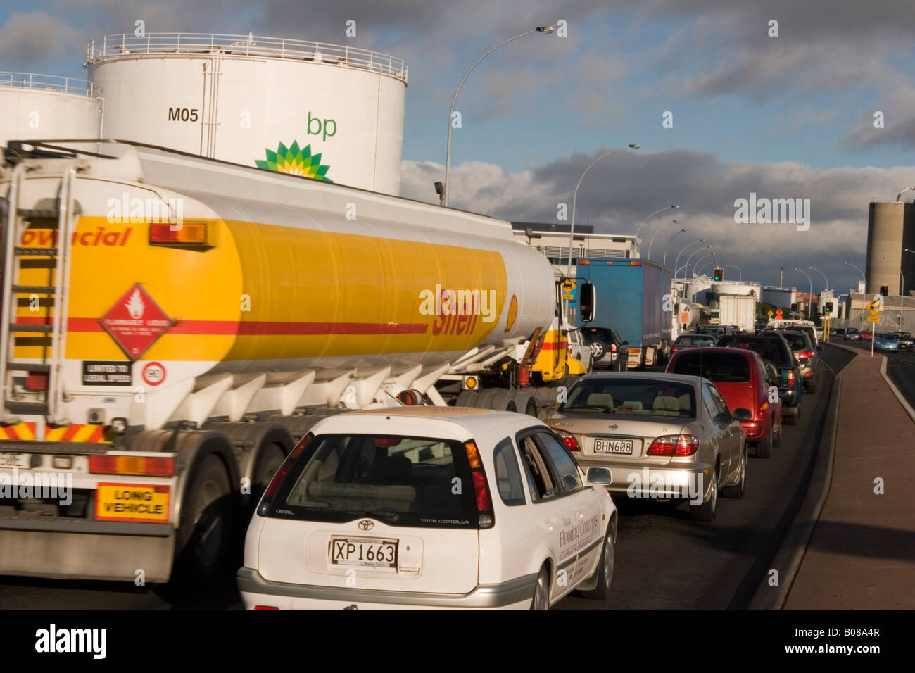 Traffic jam with BP logo in background Stock Photo - Alamy
