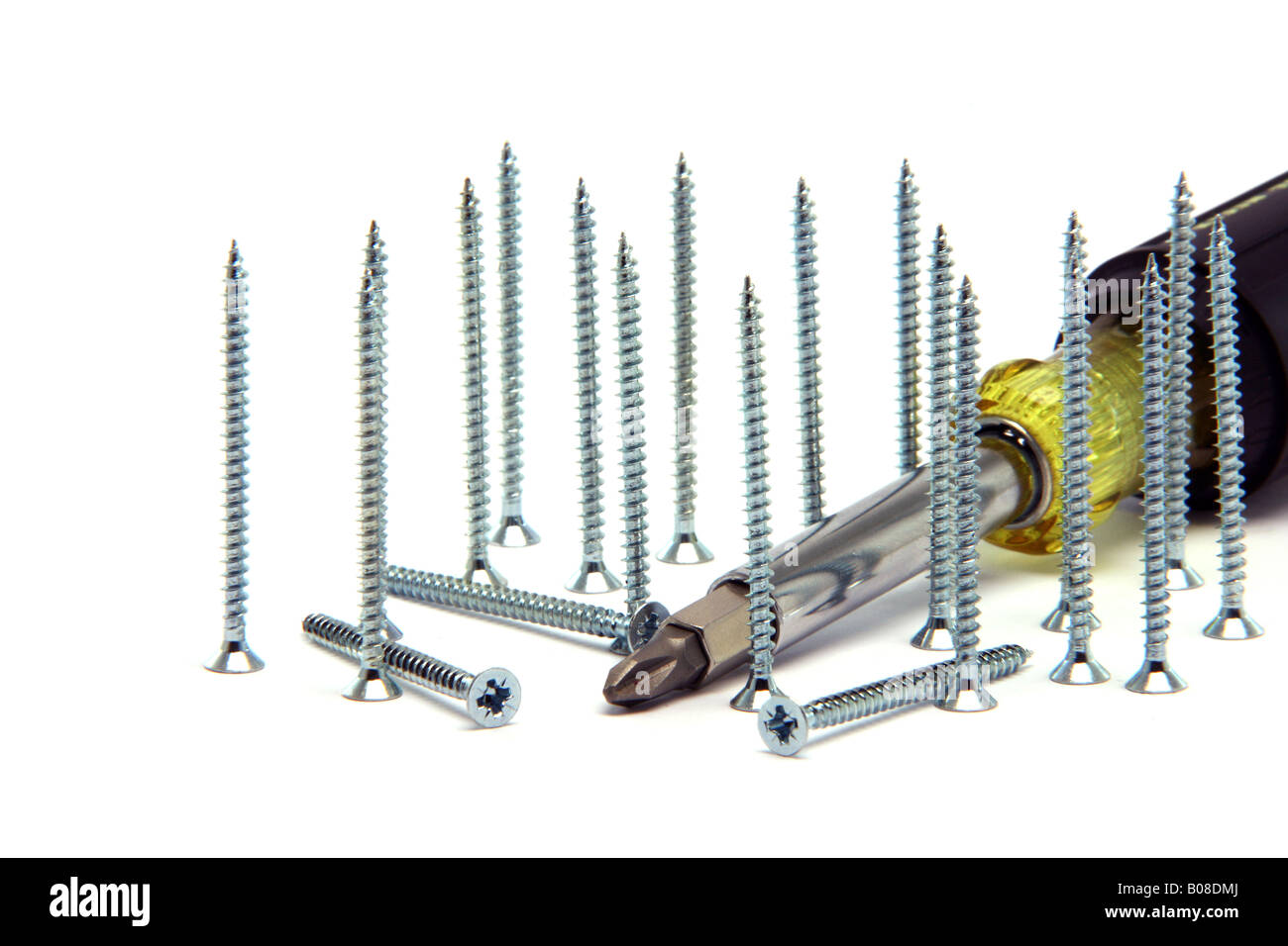 screwdriver detail and screws isolated on white background construction ...