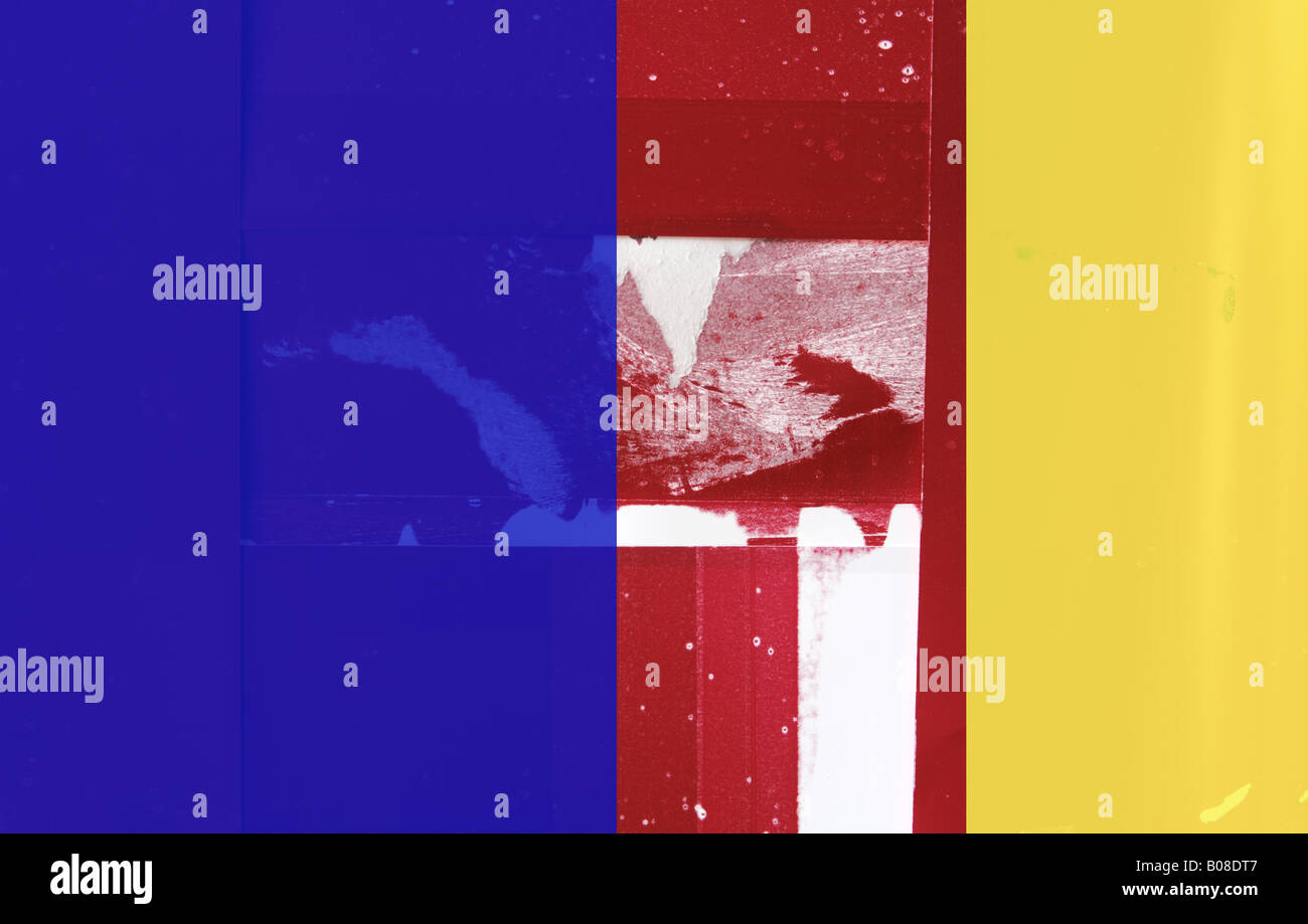 background of red, blue and yellow printer blotting papers with streaks ...