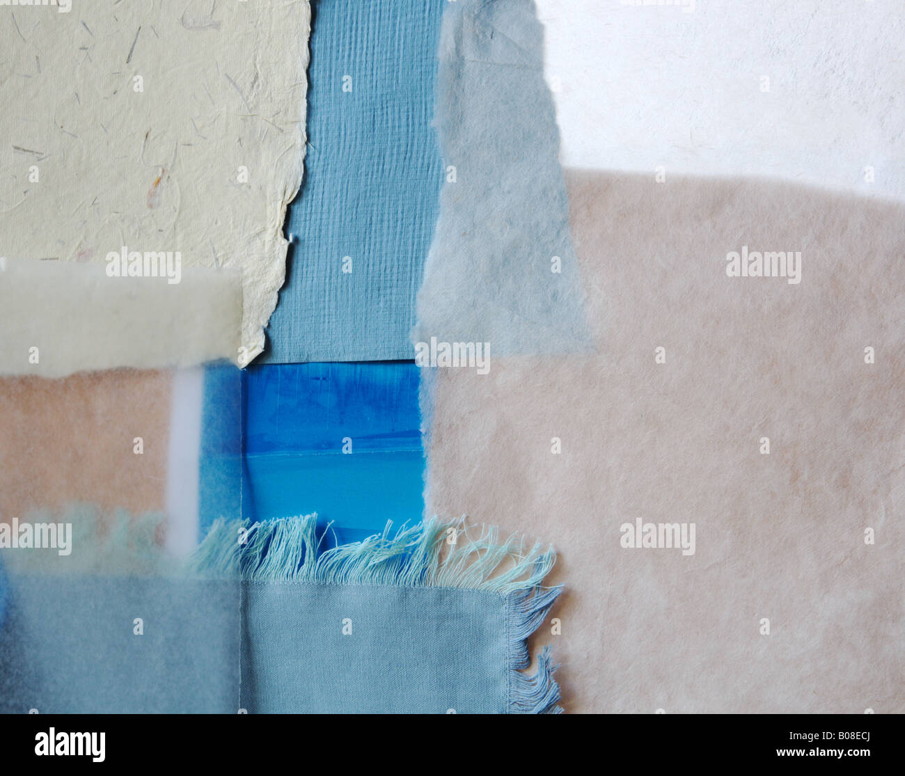 collage of textured paper and fabric in neutral colors with blues Stock ...