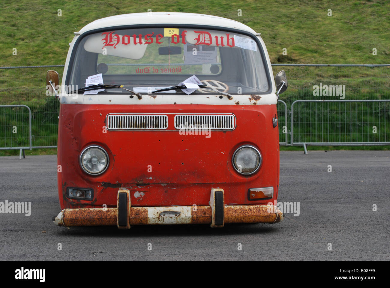 A VW Type 2 van with lowered suspension at Santa Pod racetrack ...
