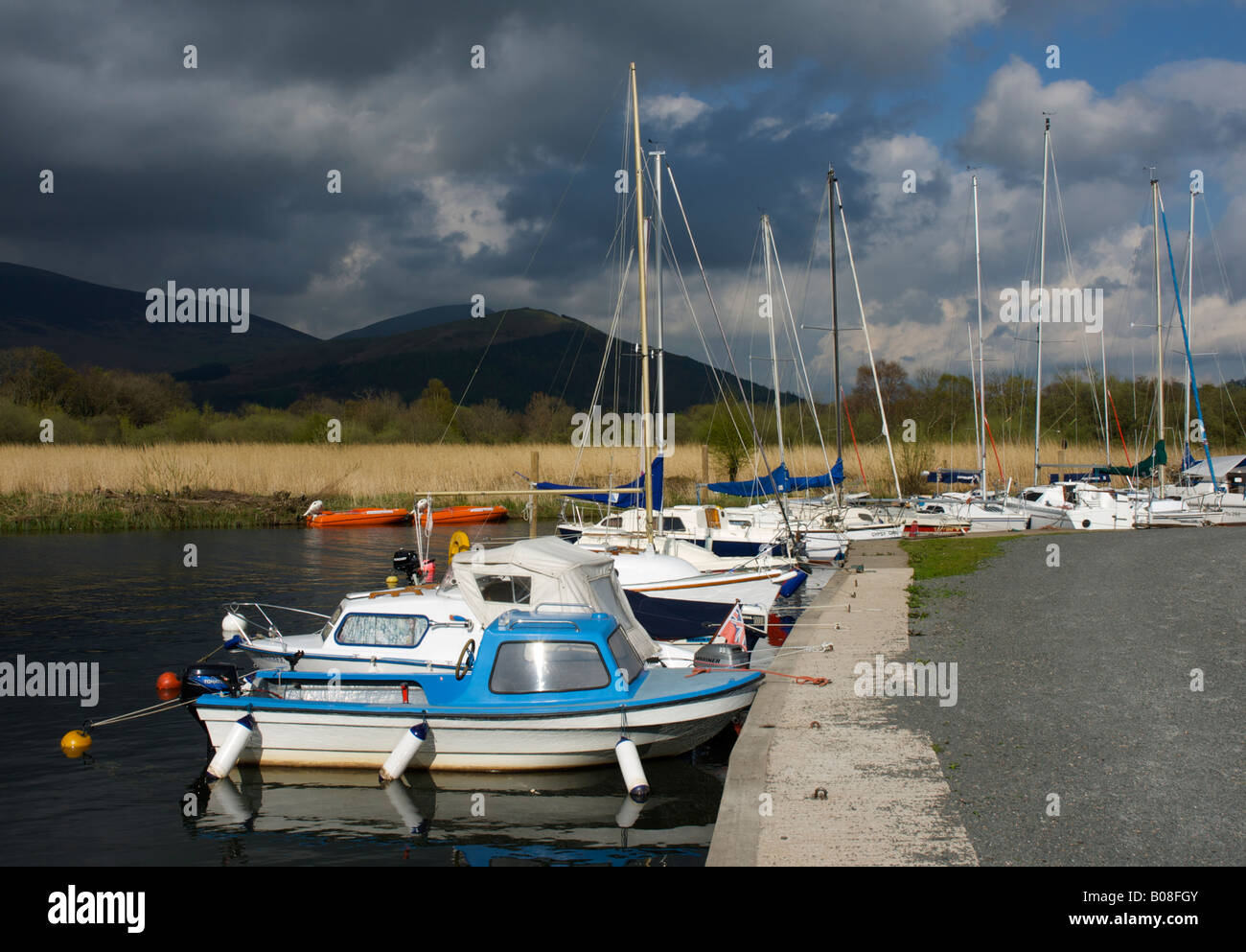Sailboats at Derwent Water Marina, Lake District National Park, Cumbria ...