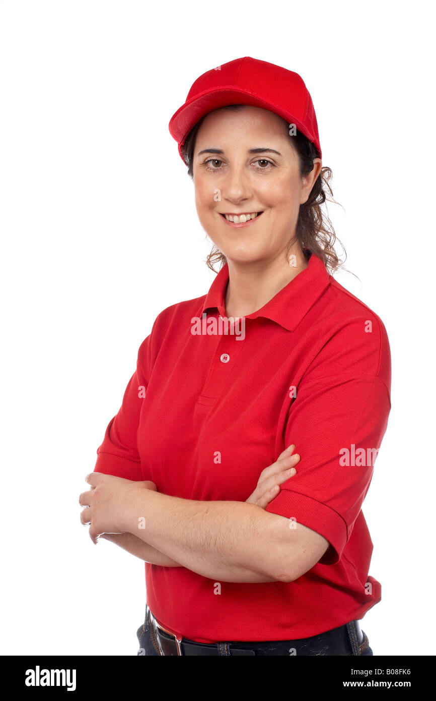 A pizza delivery woman isolated on white Stock Photo - Alamy