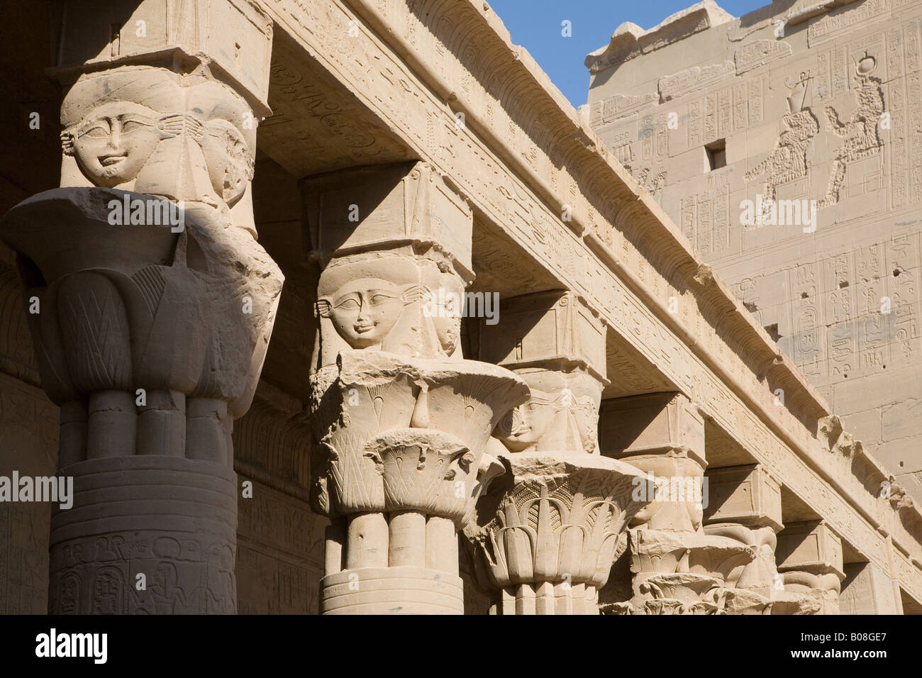 Colonnade with Hathor head columns at Temple of Philae, Island of Isis ...