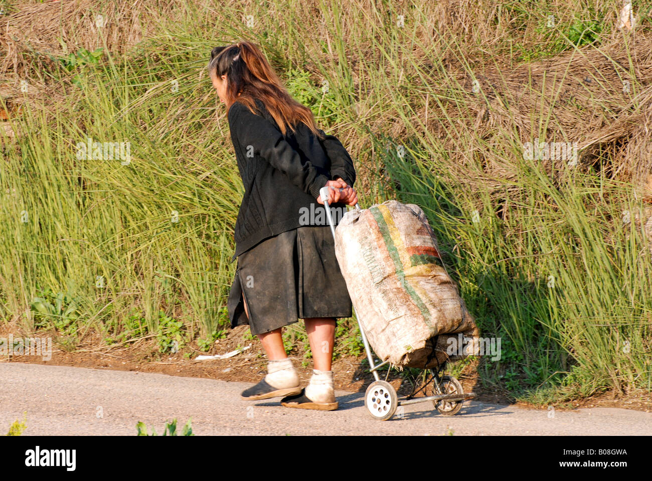 An old lady (shepherdess) pulling a trolley with a heavy sack up a ...