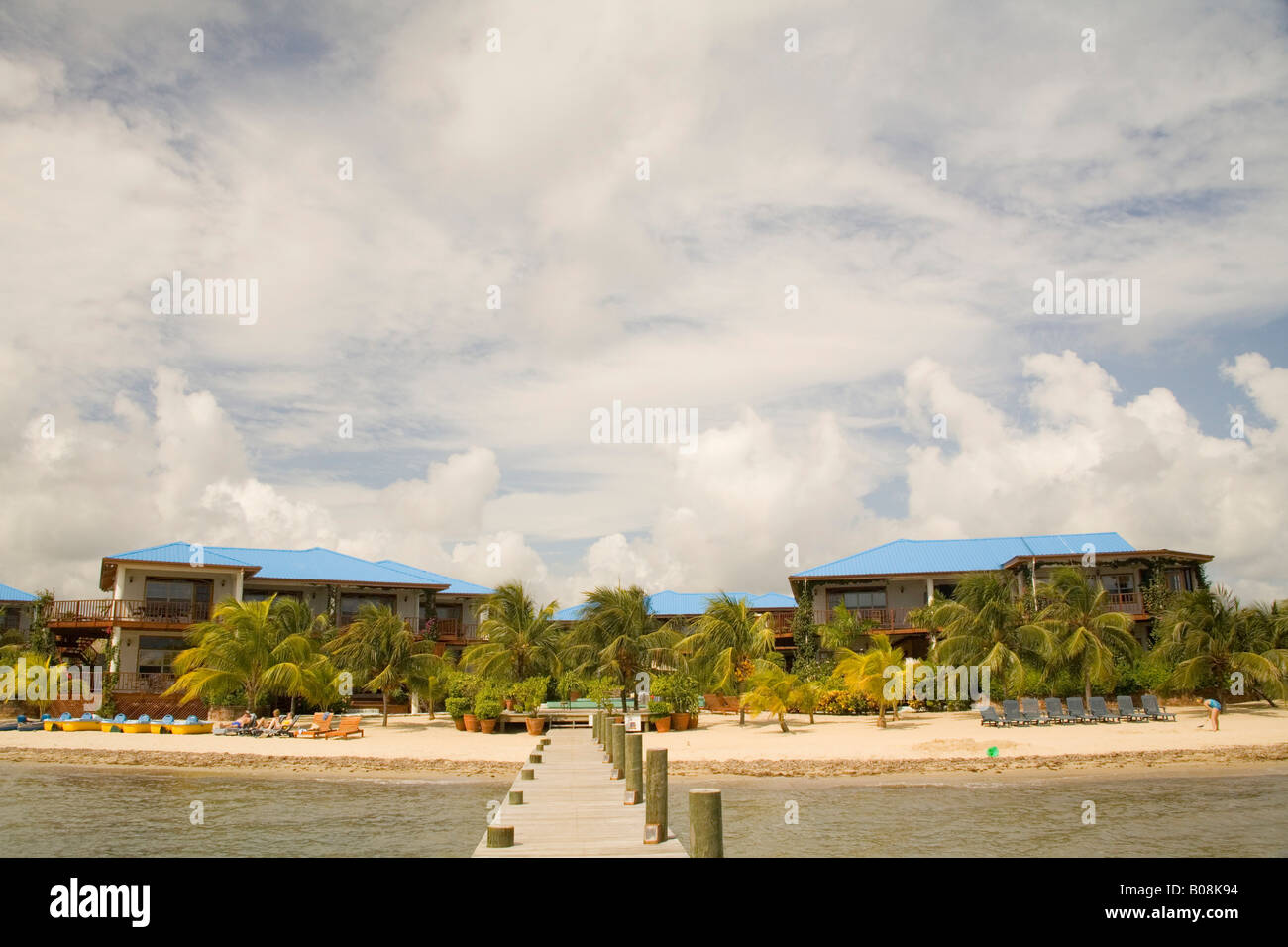 Chabil Mar Villas and beach, viewed from pier, Placencia, Stann Creek ...
