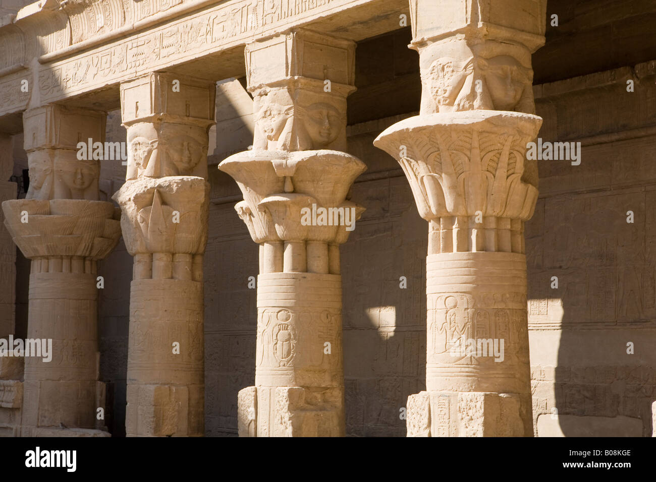 Hathor headed columns in colonnade, The Temple of Philae, Agilika ...