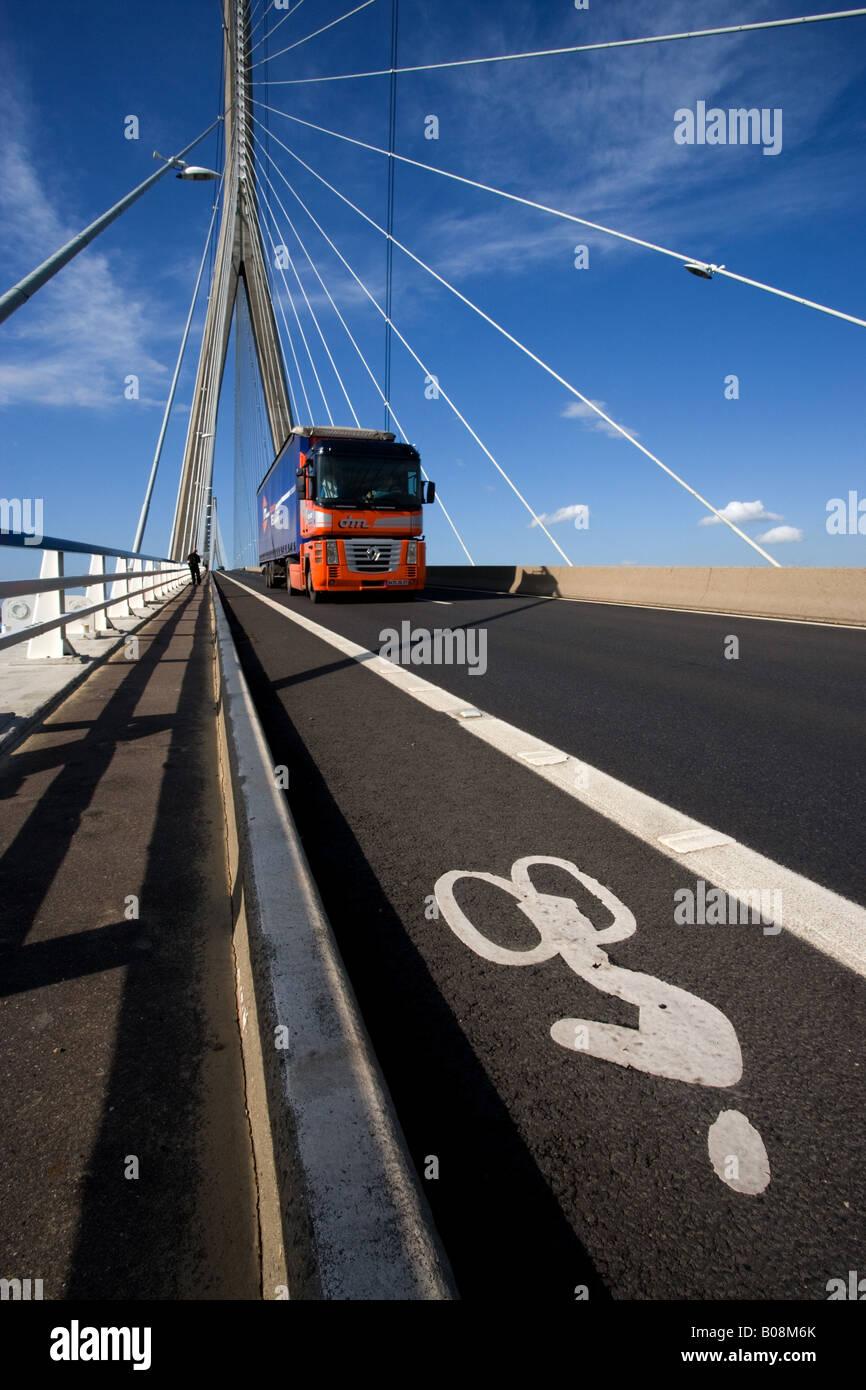 A road traffic cycle lane road markings over a French bridge the Pont ...