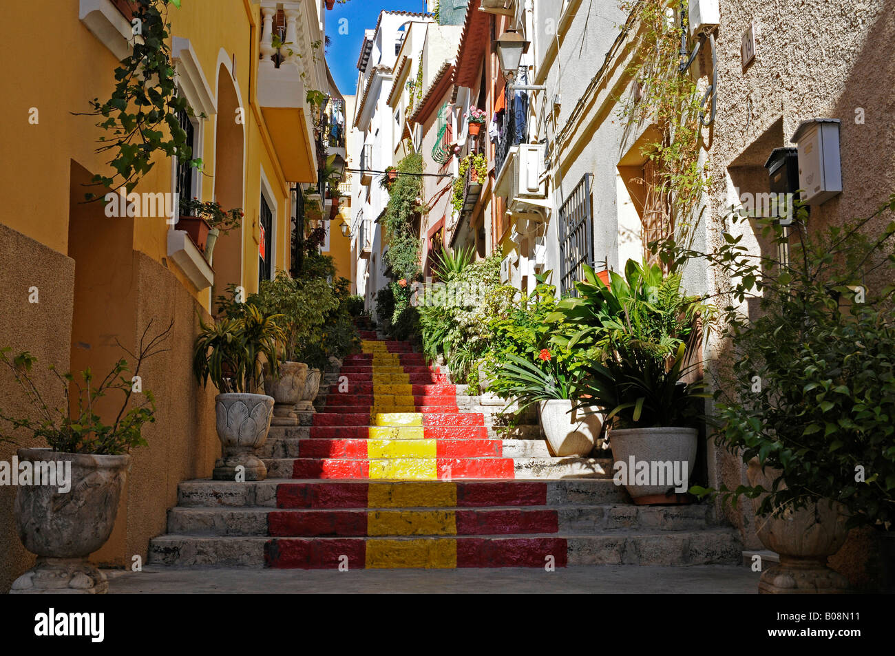 Steps painted in the Spanish national colours in the historic district ...