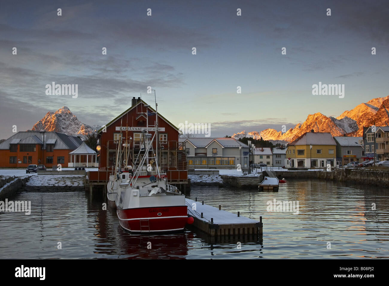 early winter morning at the harbour, Norway, Lofoten Islands, Vagan ...