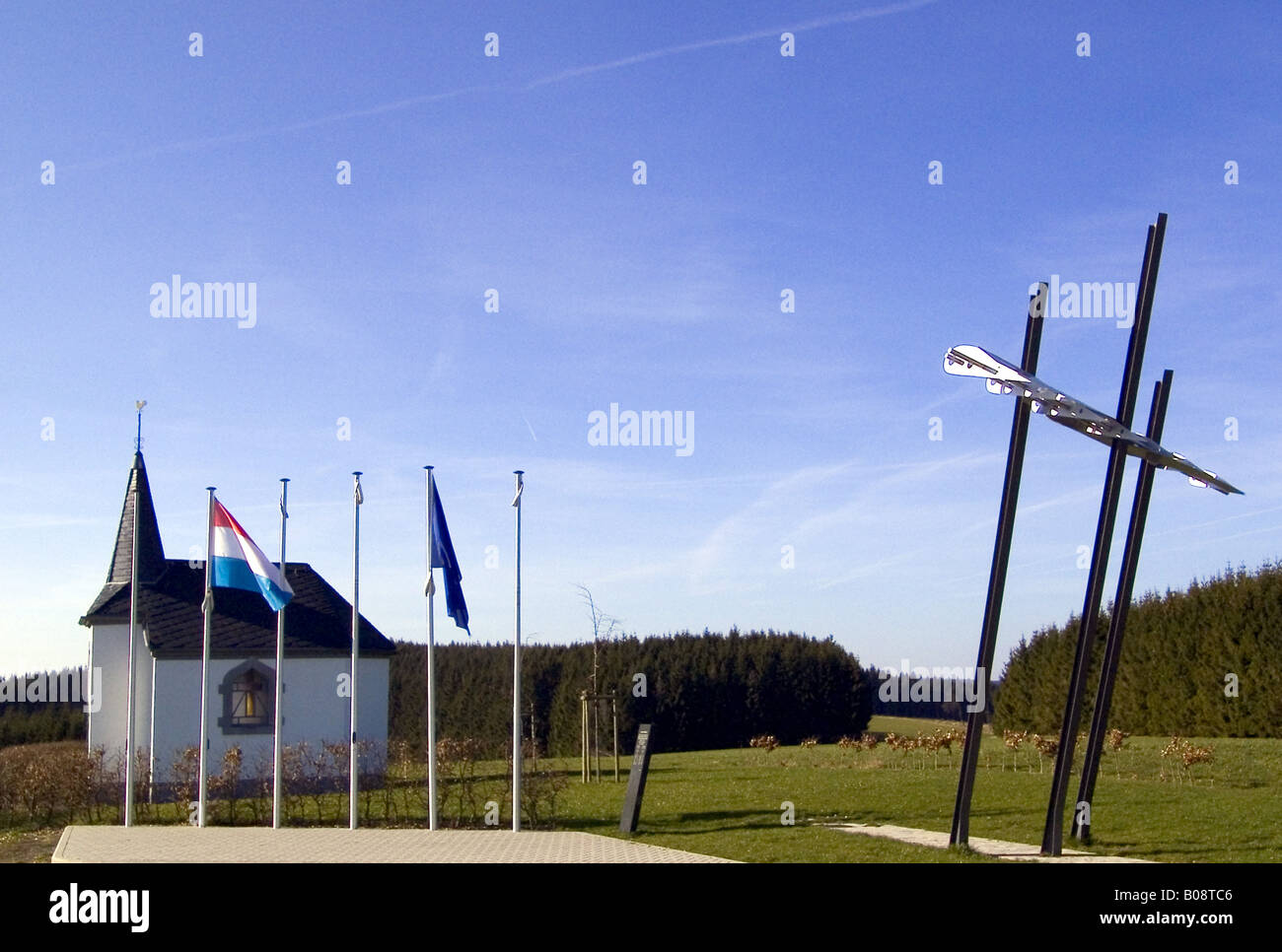 Lancaster Memorial, in the background the chapel of Ouren, Luxembourg ...