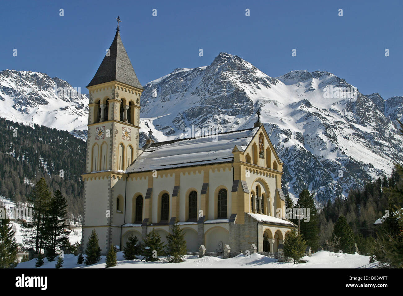 Church in Sulden in front of the Ortler Alps, Bolzano-Bozen, Italy ...