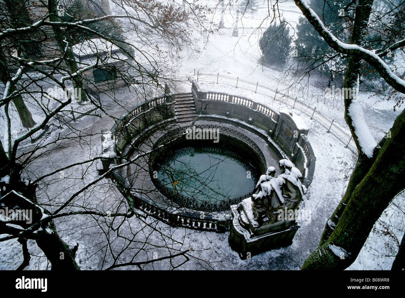 Well at the so-called source of the Danube River in winter, Schlosspark ...