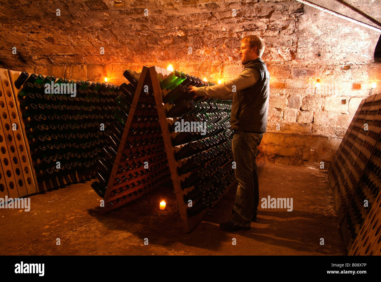 Cellarer conducting quality control in an old vault cellar, checking ...