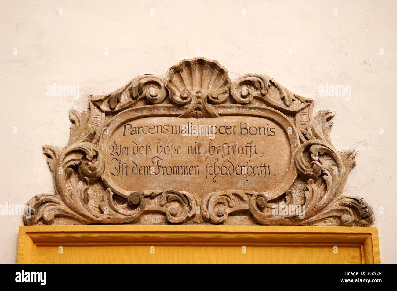 Ornamented plate with an inscribed saying at the old town hall in Ober ...