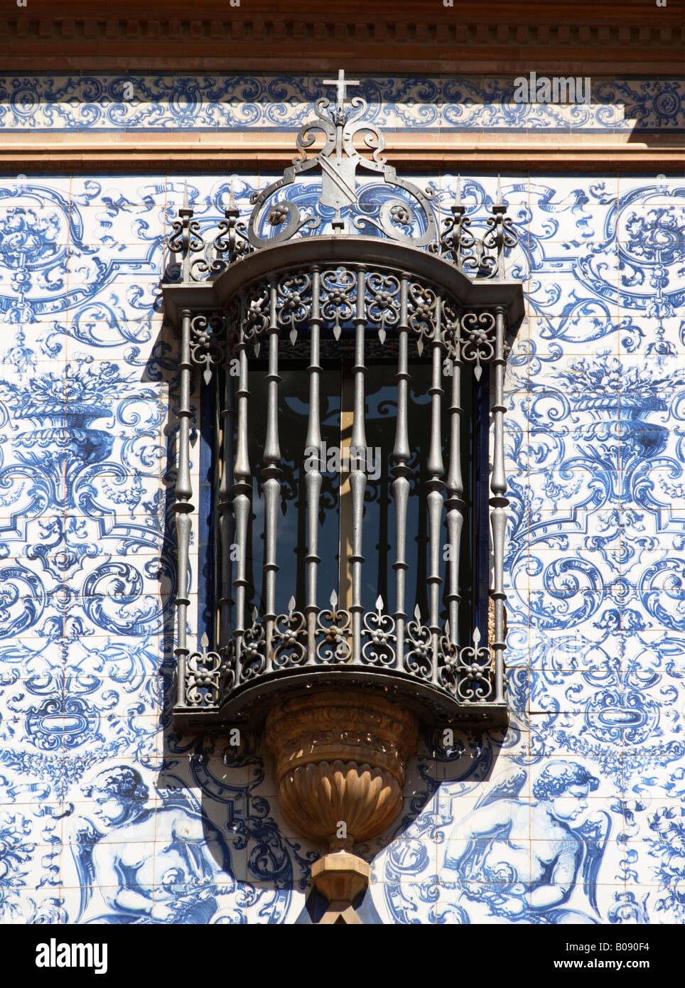 Ornate window of an old manor house in the centre of Seville, Andalusia ...