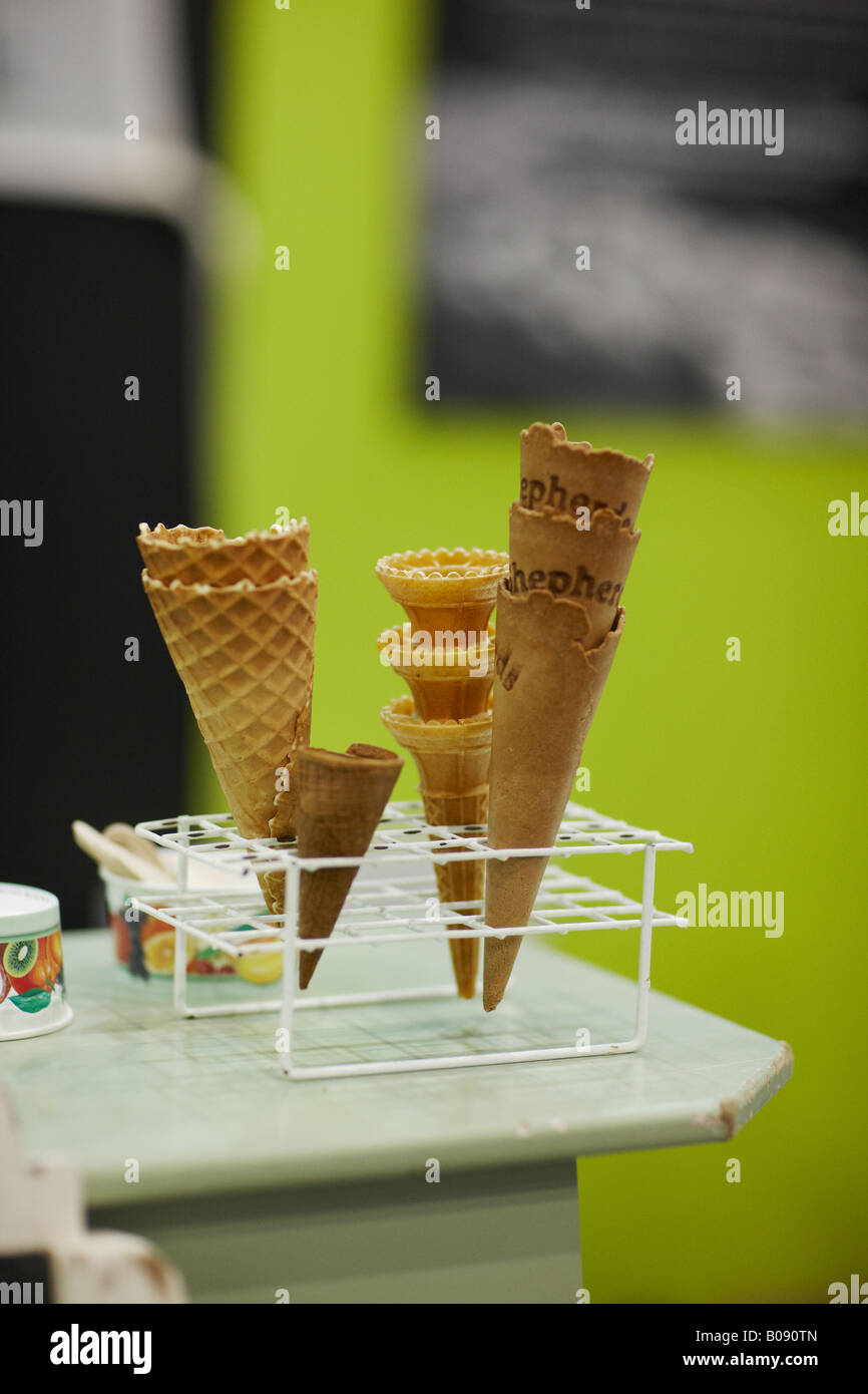The finest Italian ice-cream cones, sitting on a counter top in an ice ...