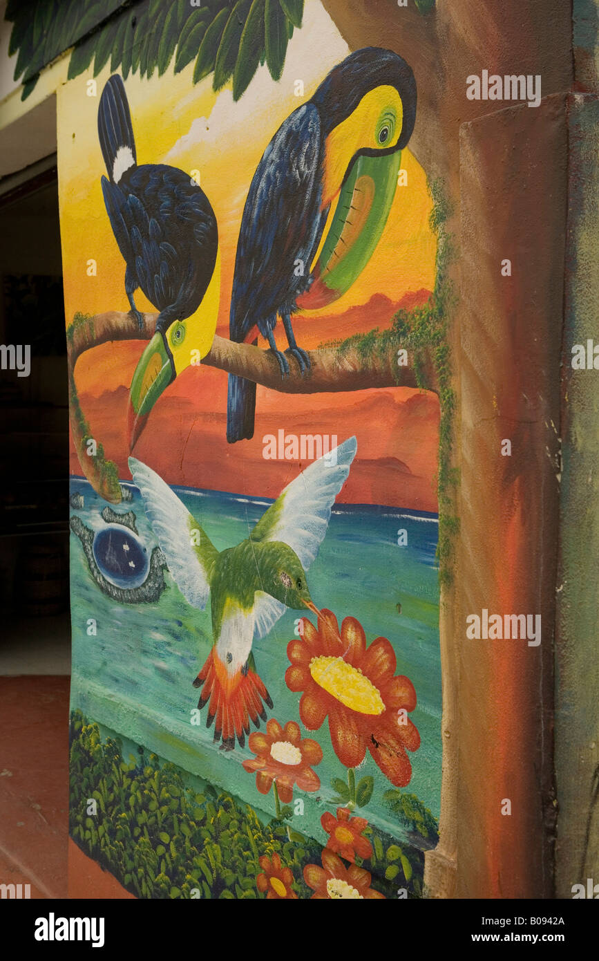 Mural depicting local wildlife on walls outside of shop, Belize City ...