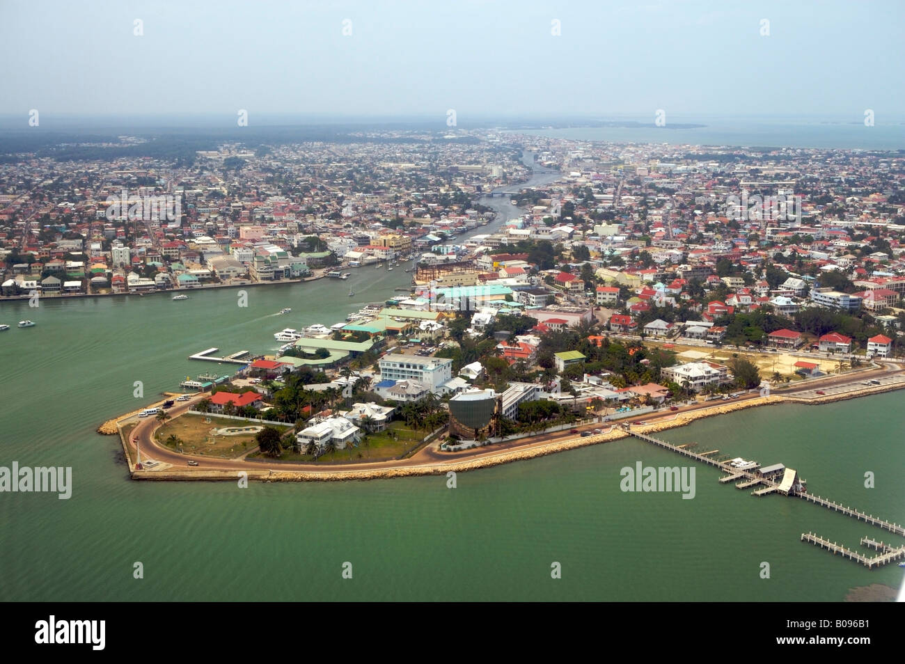 Aerial of Belize city Belize Fort George area in foreground and mouth ...