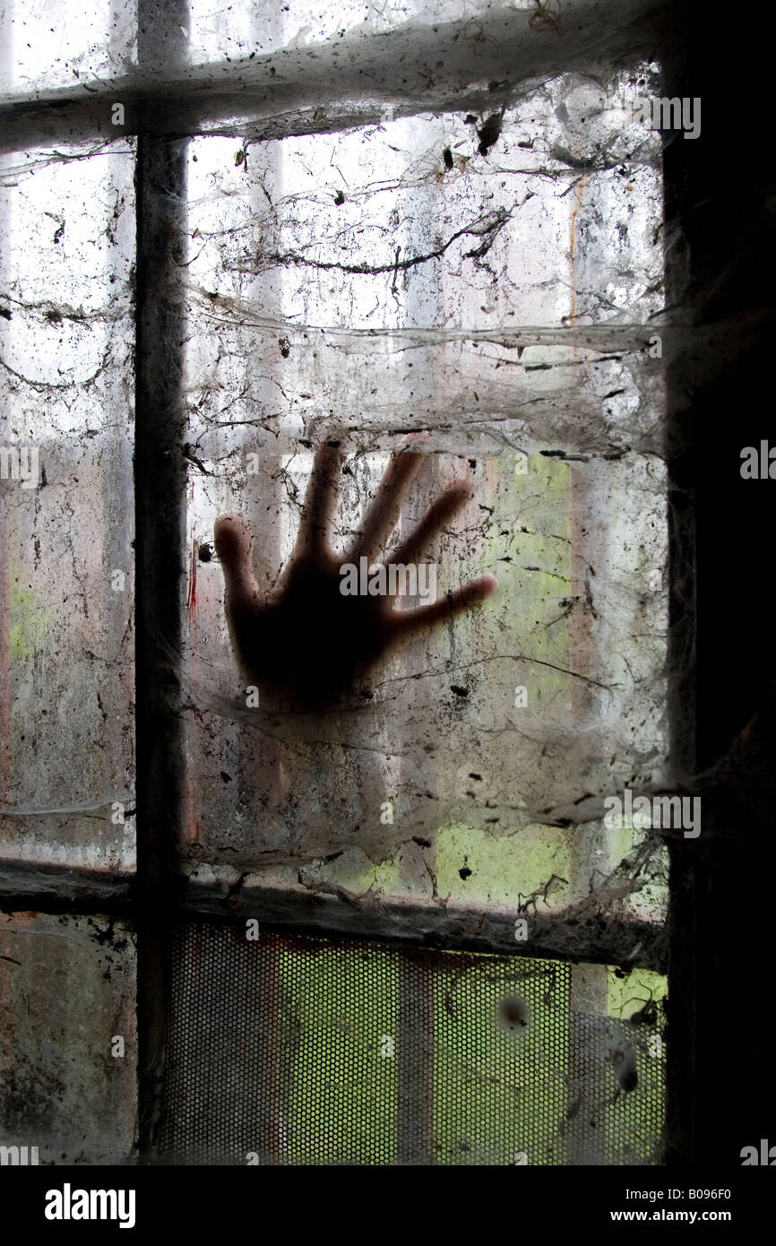 Hand pressed against dirty spiders web covered window Stock Photo - Alamy