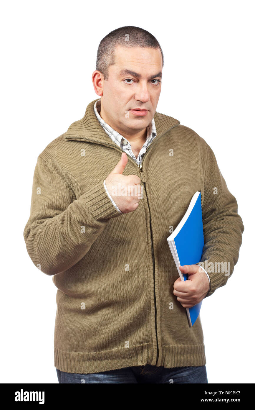 Serious casual man holding a notebook over white background Stock Photo ...
