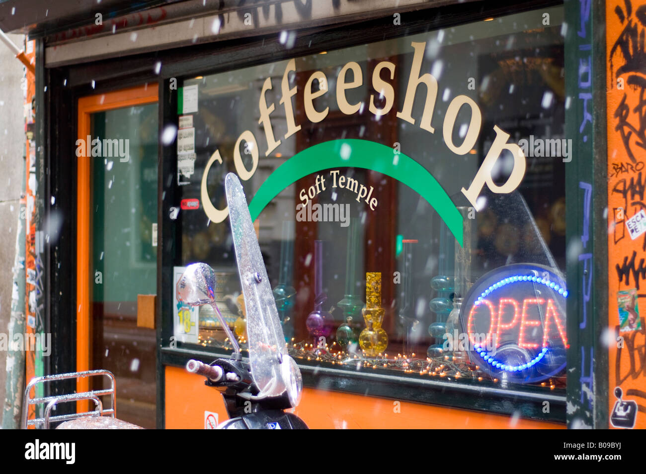 Amsterdam, window of coffee shop "Soft Temple" in Gravenstraat street ...
