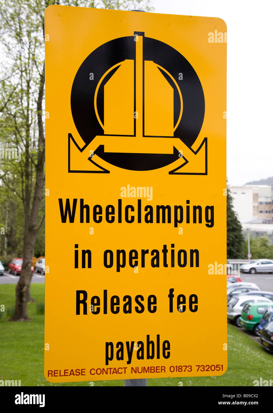 Wheel clamping warning sign Nevill Hall hospital Abergavenny Wales UK ...