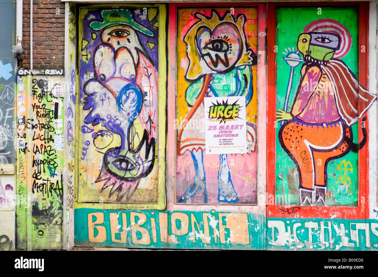 Amsterdam, Painted wall murals and political posters on a squat bar ...