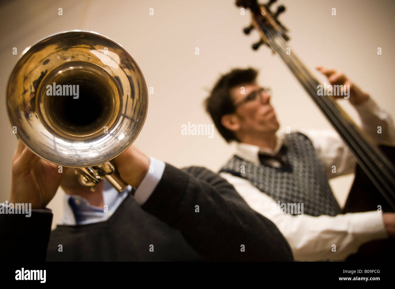 jazz folk music fusion gig concert - close up of trumpet and string ...