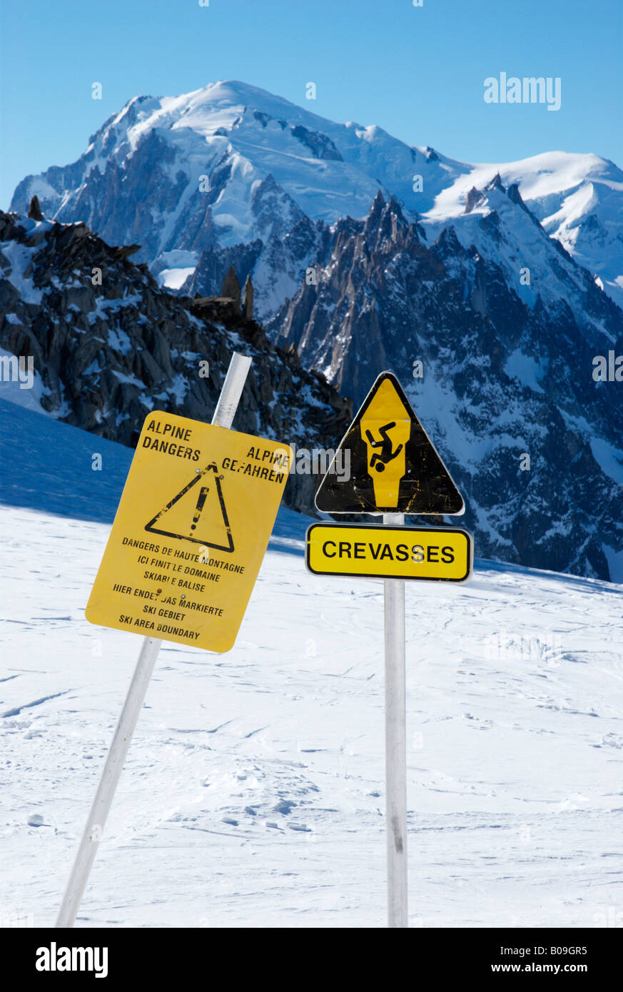 Warning signs on top of Grands Montets peak, Argentiere, France. Mont ...