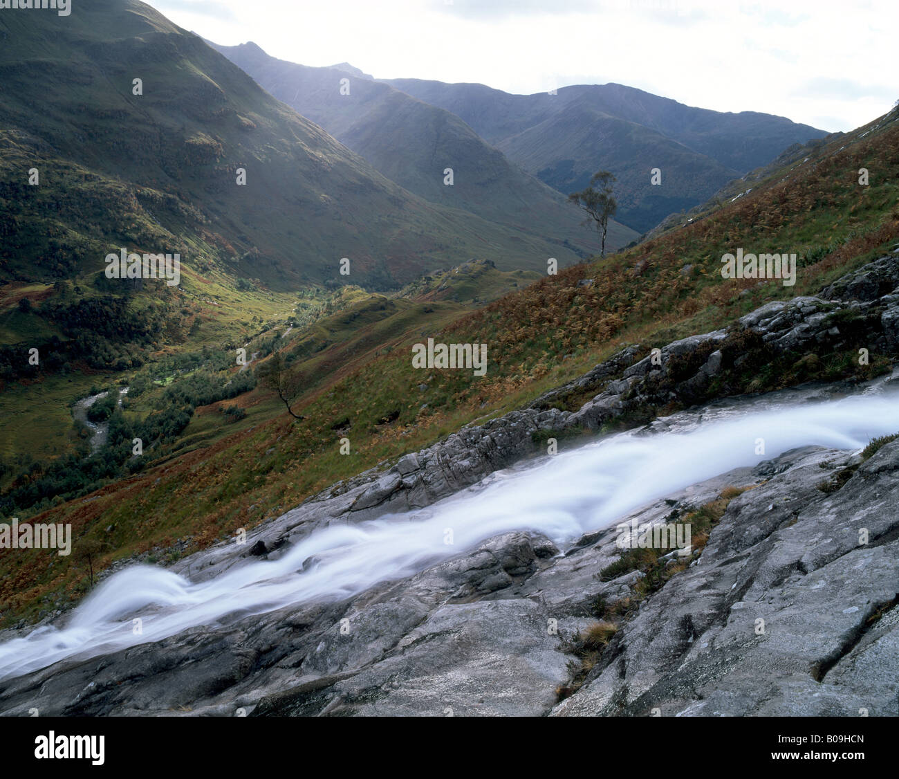 Dramatic light on landscape near Steall Gorge, Glen Nevis, Fort William ...