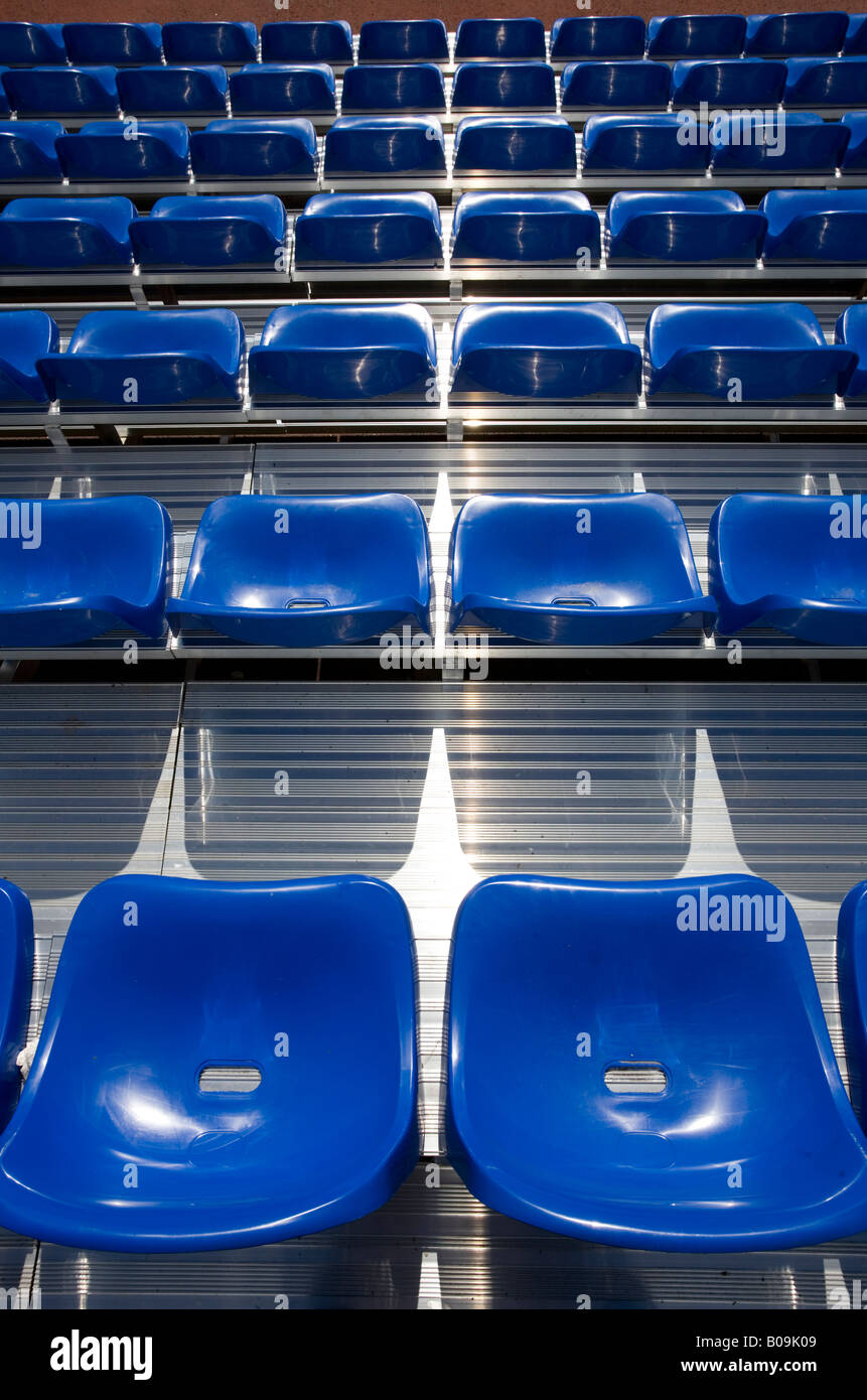 Blue plastic seats at Finnish soccer stand seen from above , Finland ...