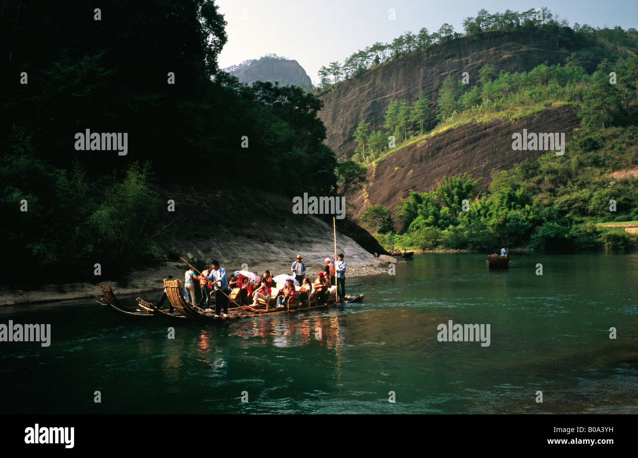 Chinese tourists on rafts on Nine Bends River (Jiuqu Xi) at Wuyishan ...