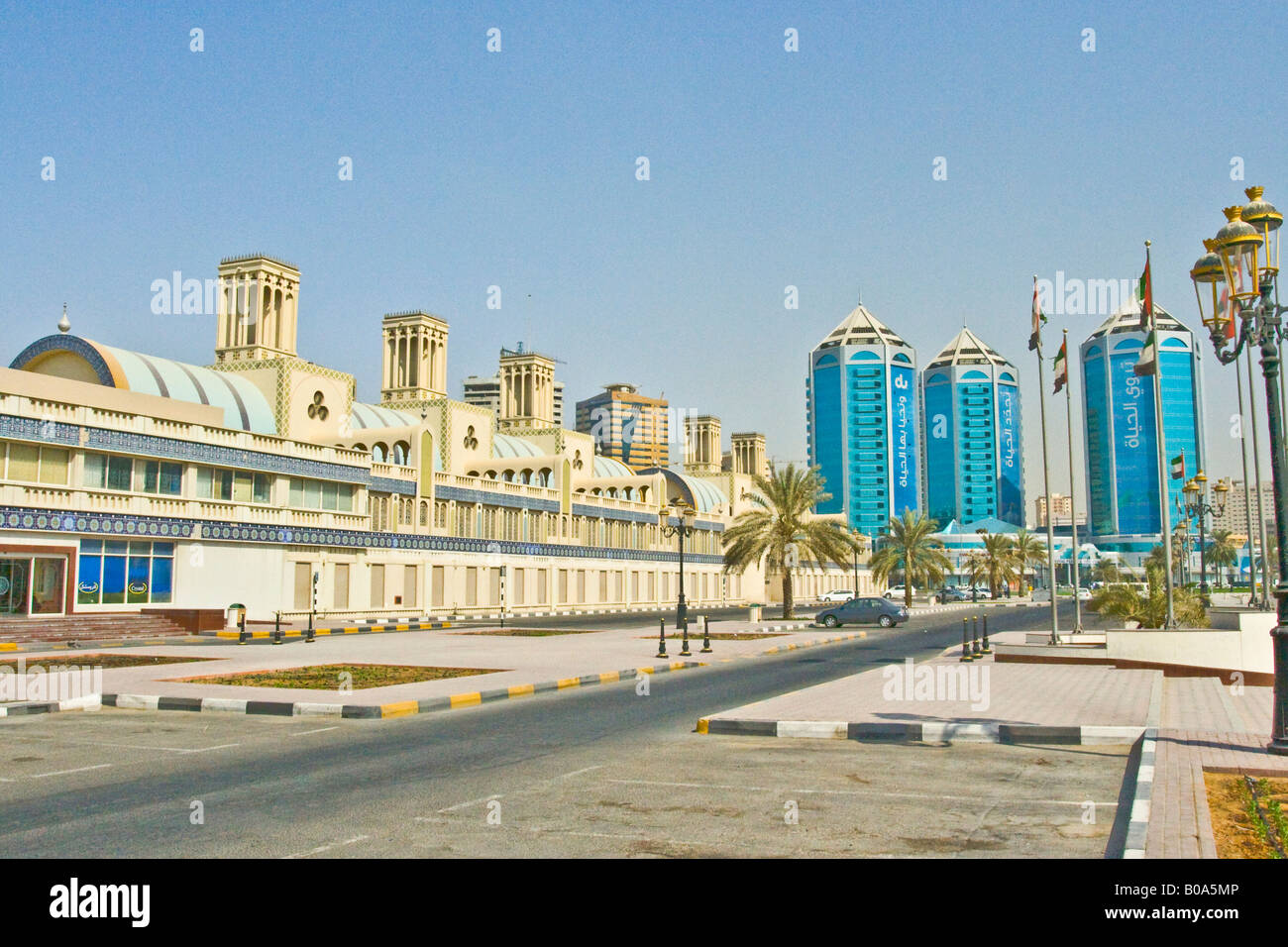 Blue Souk - souk al Markazi view towards Crystal Towers Stock Photo - Alamy