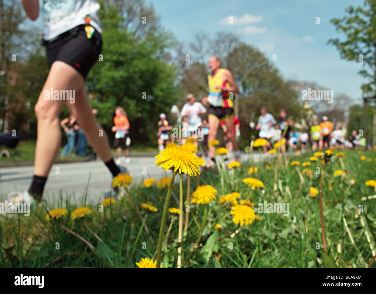 Runners at Hamburg marathon ground view focus on foreground Hamburg ...