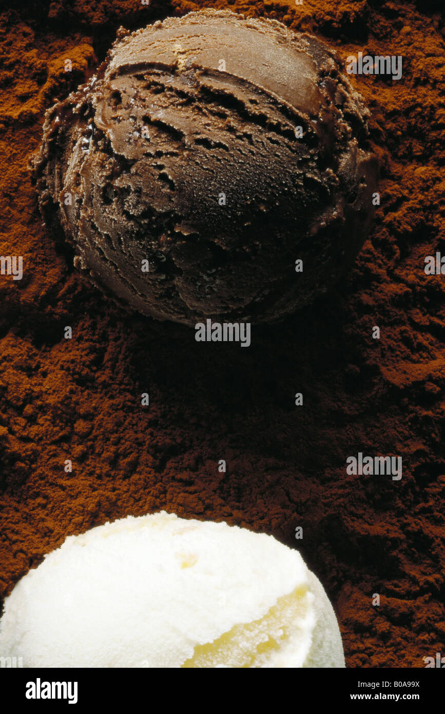 Two scoops of ice cream on cocoa powder, high angle view, close-up ...