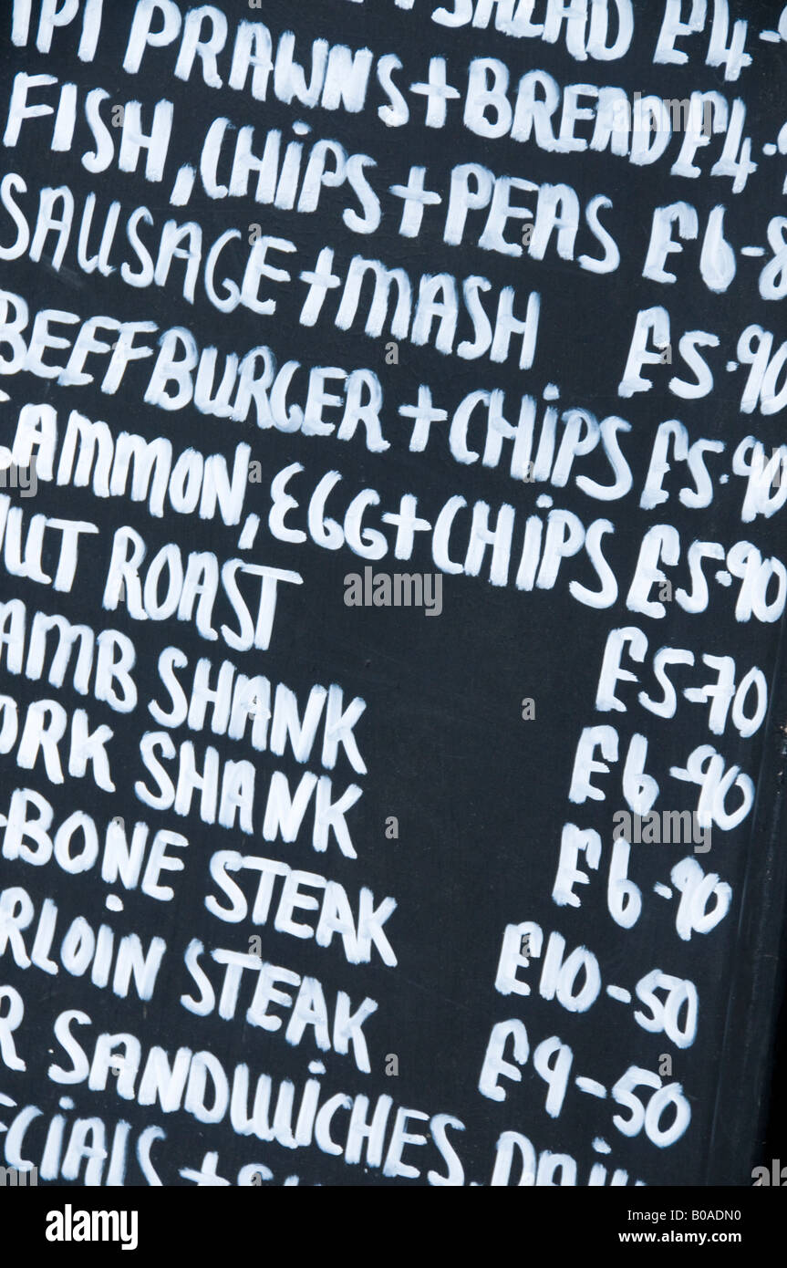 a typical pub menu written on blackboard with chalk, London, England ...